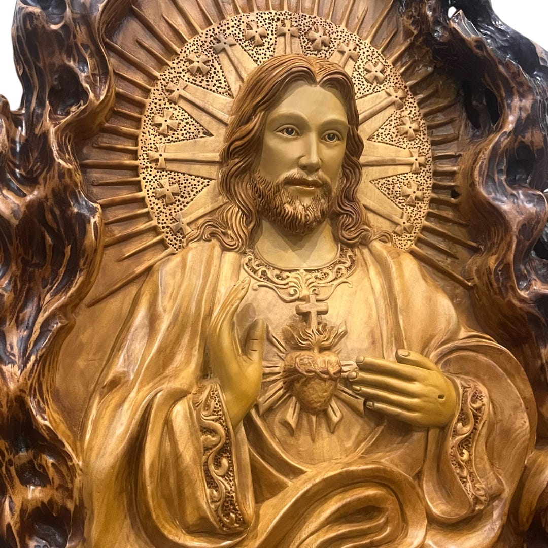 Hand-carved Sacred Heart of Jesus Wood Carving: Aromatic Catholic Wall ...