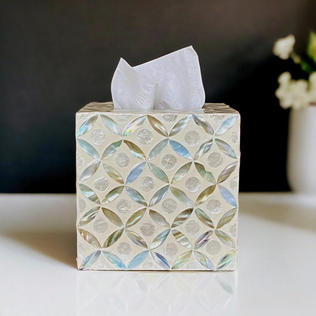 Mother of Pearl Inlay Tissue Box Cover: Ivory & Blue Nacre, Square Cube ...