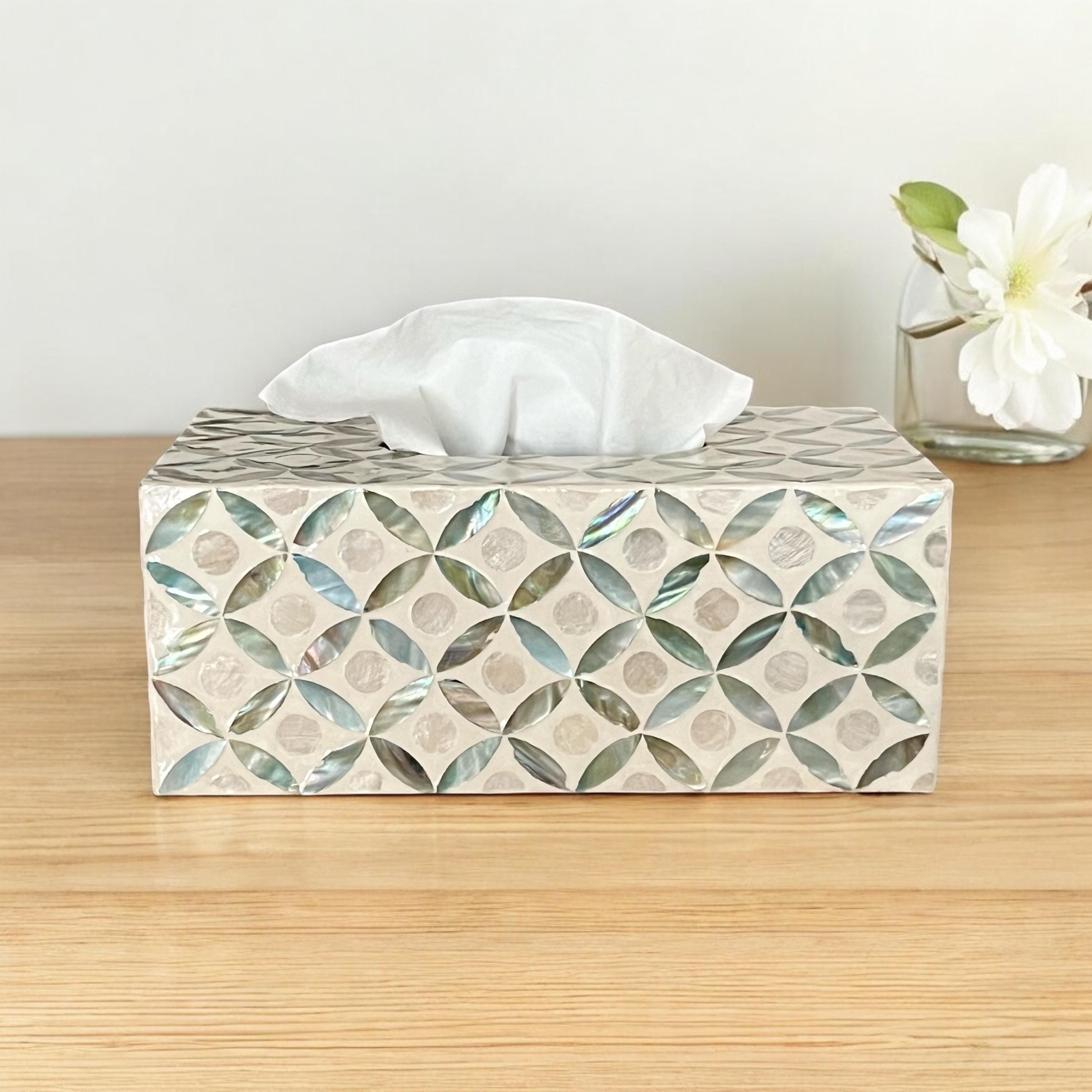 Mother of Pearl Inlay Tissue Box Cover: Ivory & Blue Nacre, Square Cube ...