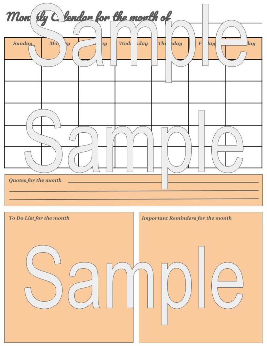 Monthly Calendar for the Month of (orange Theme), Printable, Digital - Etsy