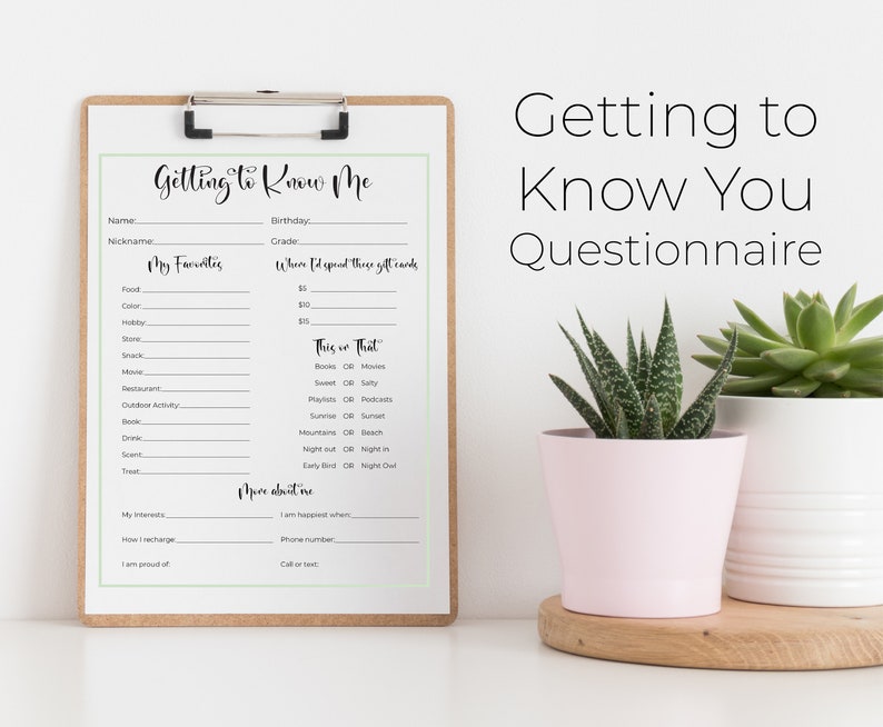 Getting to Know You Sheet, My Favorite Things Detailed Questionnaire ...