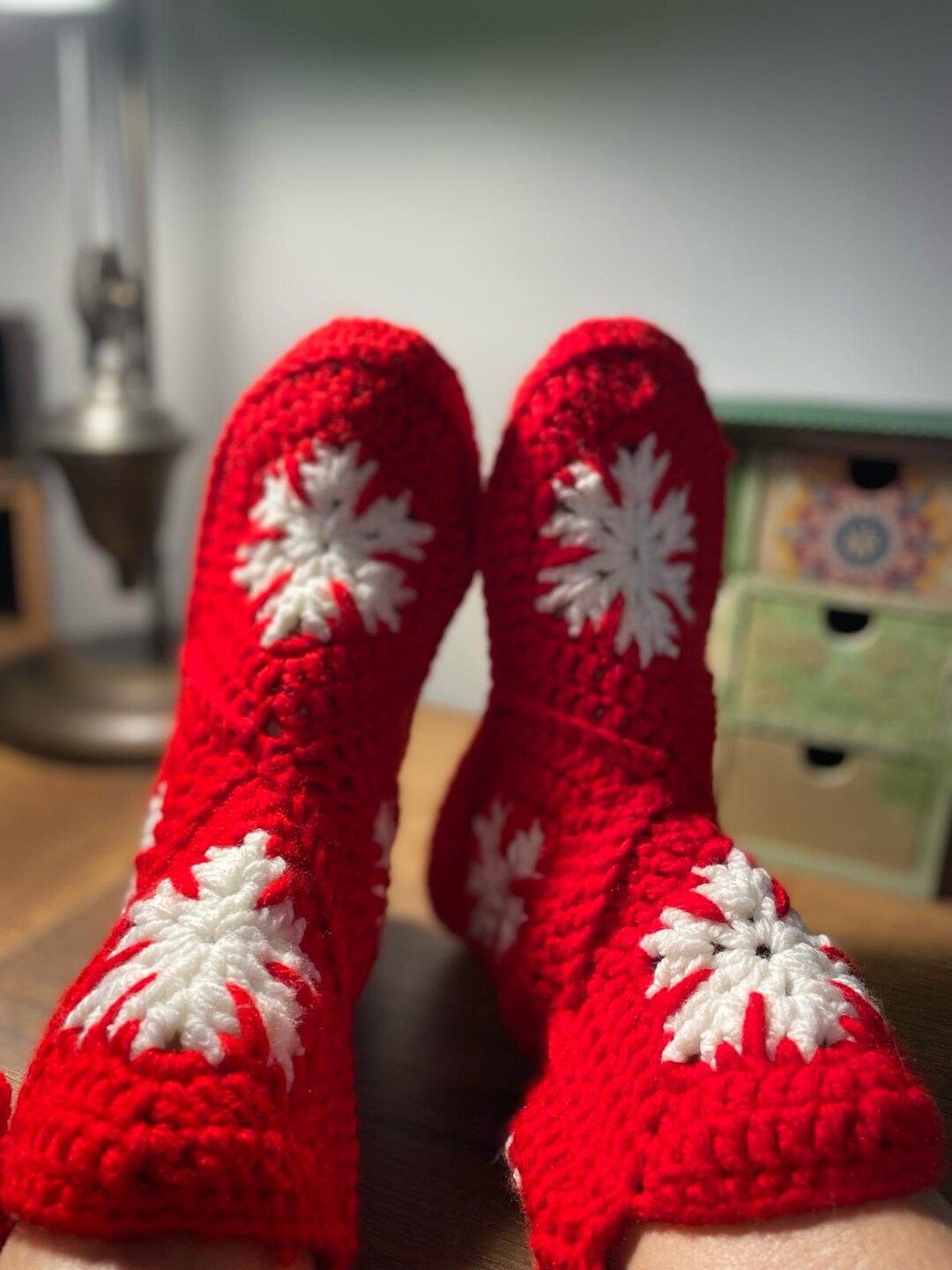 Warm & Stylish: Red or Black Crocheted Snowflake Boot Slippers Two ...