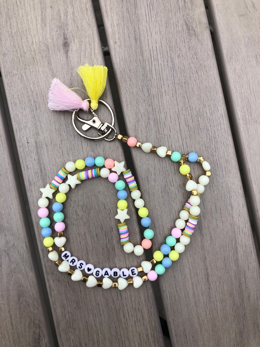 Hearts and Stars Customizable Lanyard, Teacher Lanyard, Beaded Lanyard ...