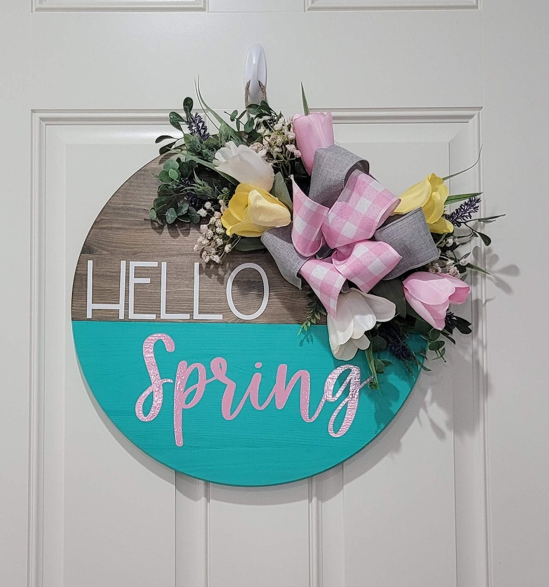 Hello Spring Door Hanger | Easter Front Door Hanger | Round Wood Door ...