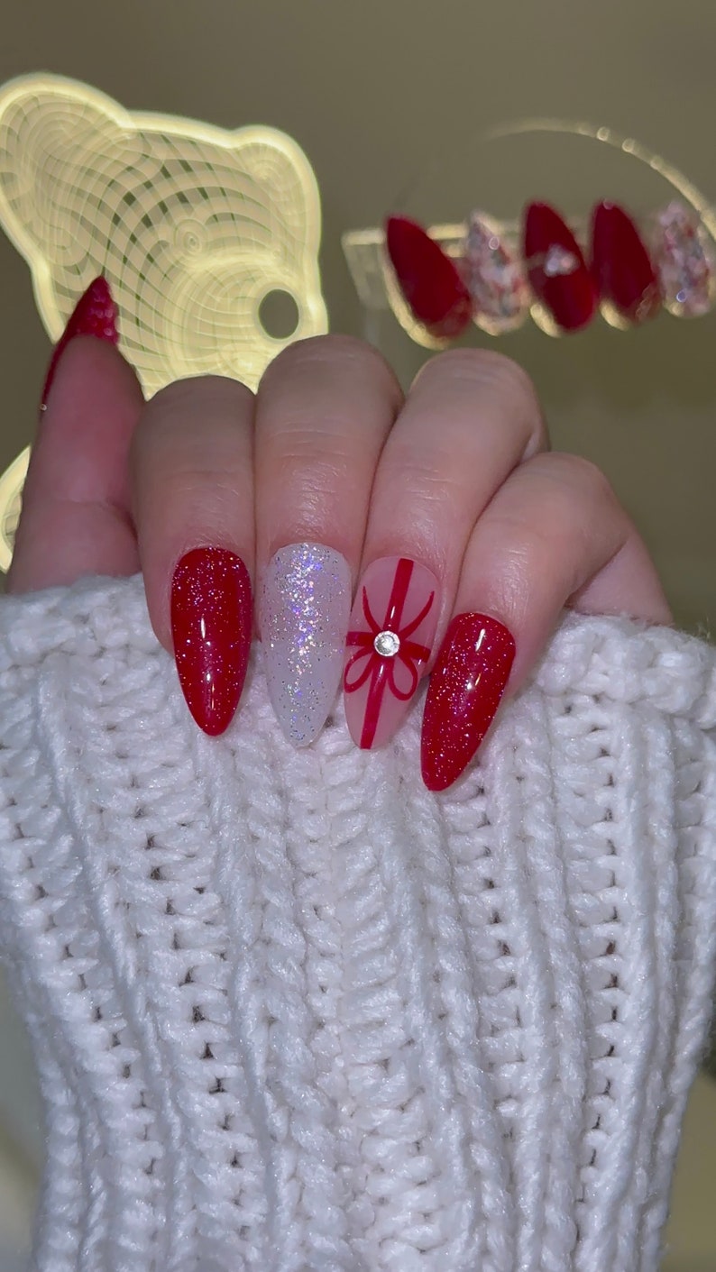 Red Nails Gel Nails Reflective Glitter Red Nails Wedding Nails Press on ...