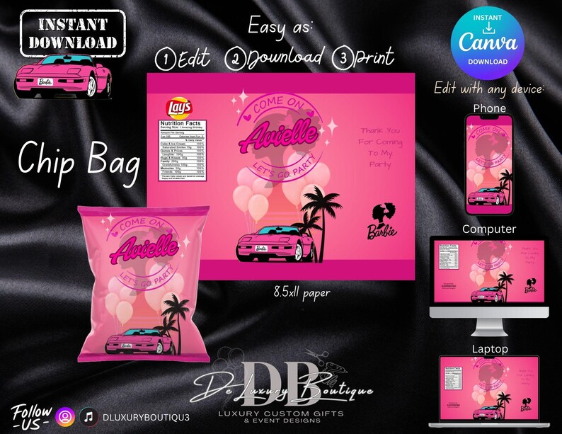 Barbie, Printable, Chip Bag Template, Instant Download, Party Labels ...