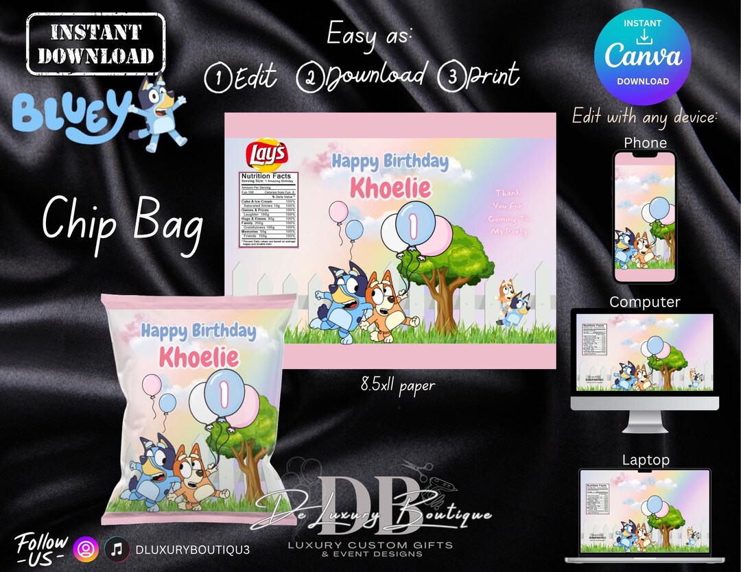 Editable Bluey, Printable, Chip Bag Template, Instant Download, Party ...