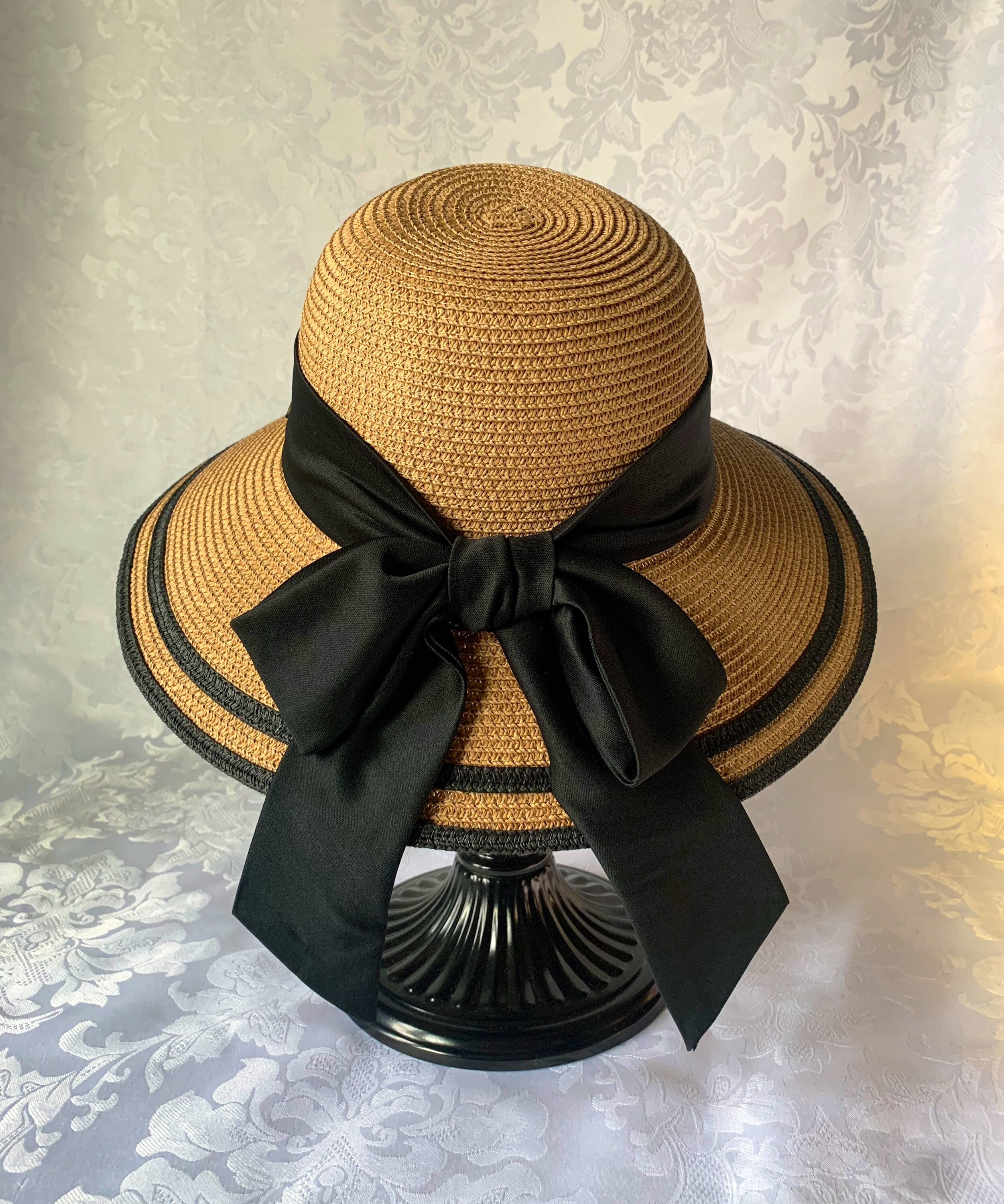 Black Trimmed Hat, Elegant Bell Shaped Hat, Wide Brim Lampshade Hat ...