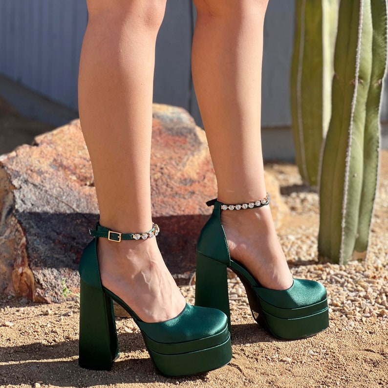 Green Satin Double Platform Rhinestone High Heels Square Toe - Etsy