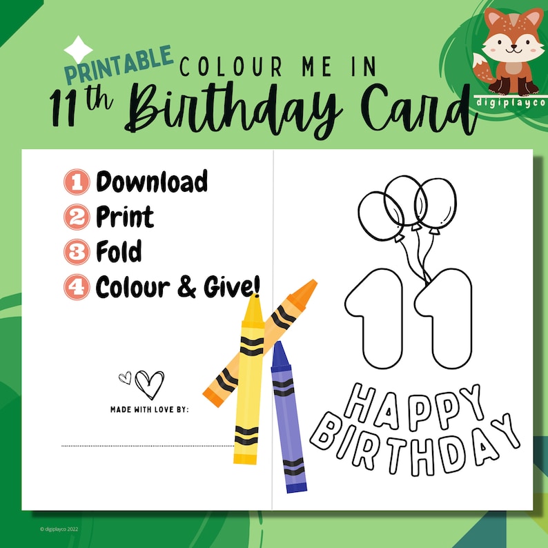 Happy Birthday Card Printable Colour in Kids | 11 Year Old | Eleven ...