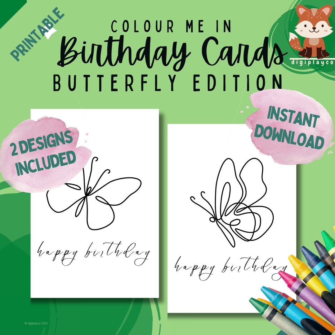 Happy Birthday Butterfly Cards Printable Colour in Kids, Digital PDF ...