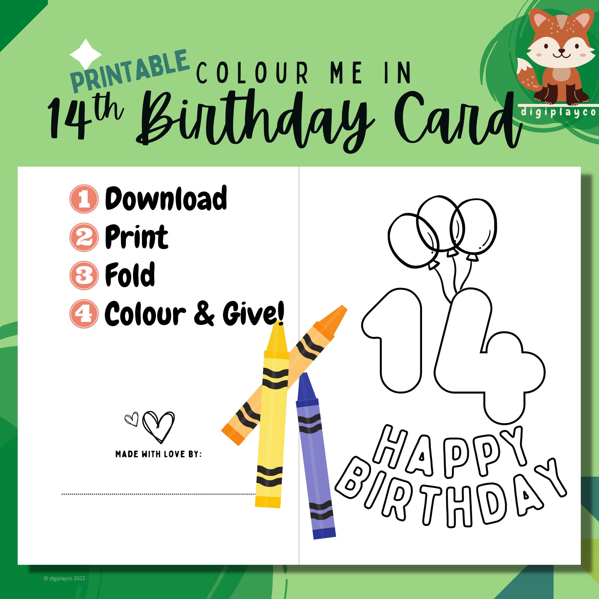 Happy Birthday Card Printable Colour in Kids | 14 Year Old | Fourteenth ...
