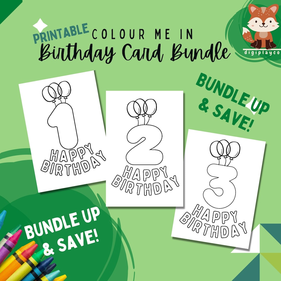 BUNDLE Happy Birthday Card Printable Colour in Kids, 1st 2nd 3rd ...