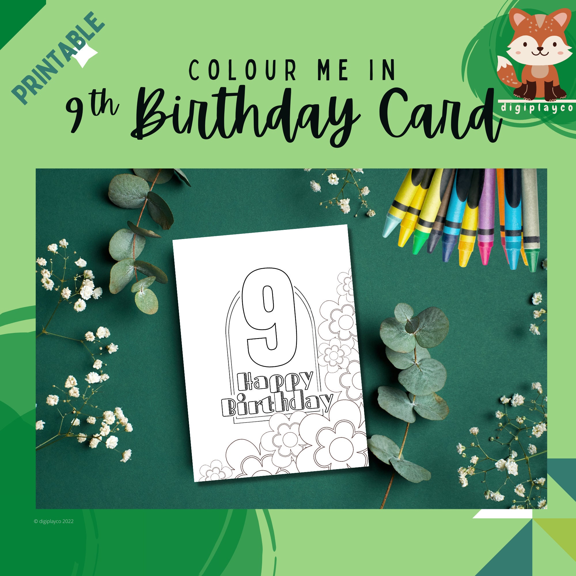 Happy 9th Birthday Floral Card Printable Colour in Kids, 9 Year Old ...