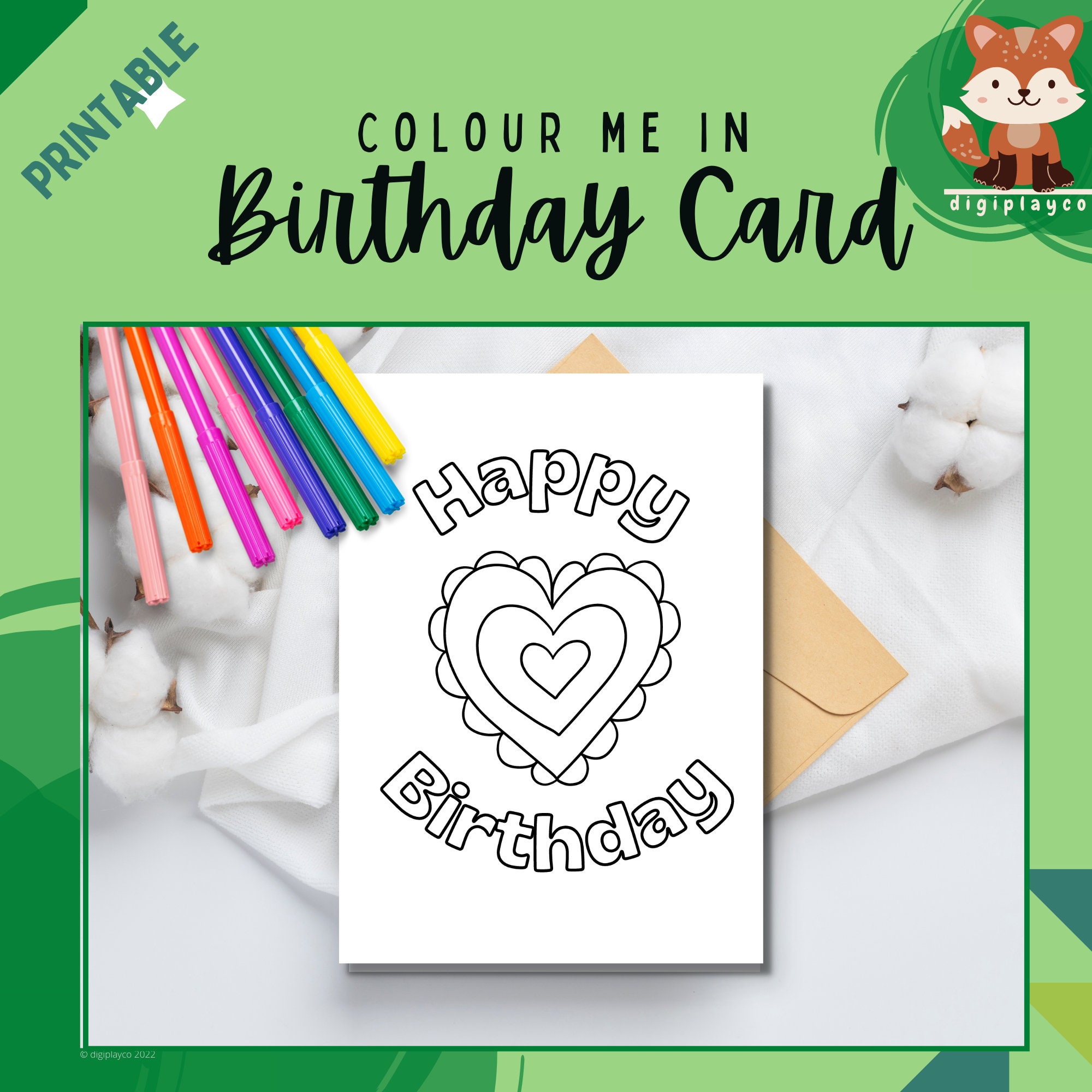 Happy Birthday Love Heart Card Printable Colour in Kids, Digital PDF ...