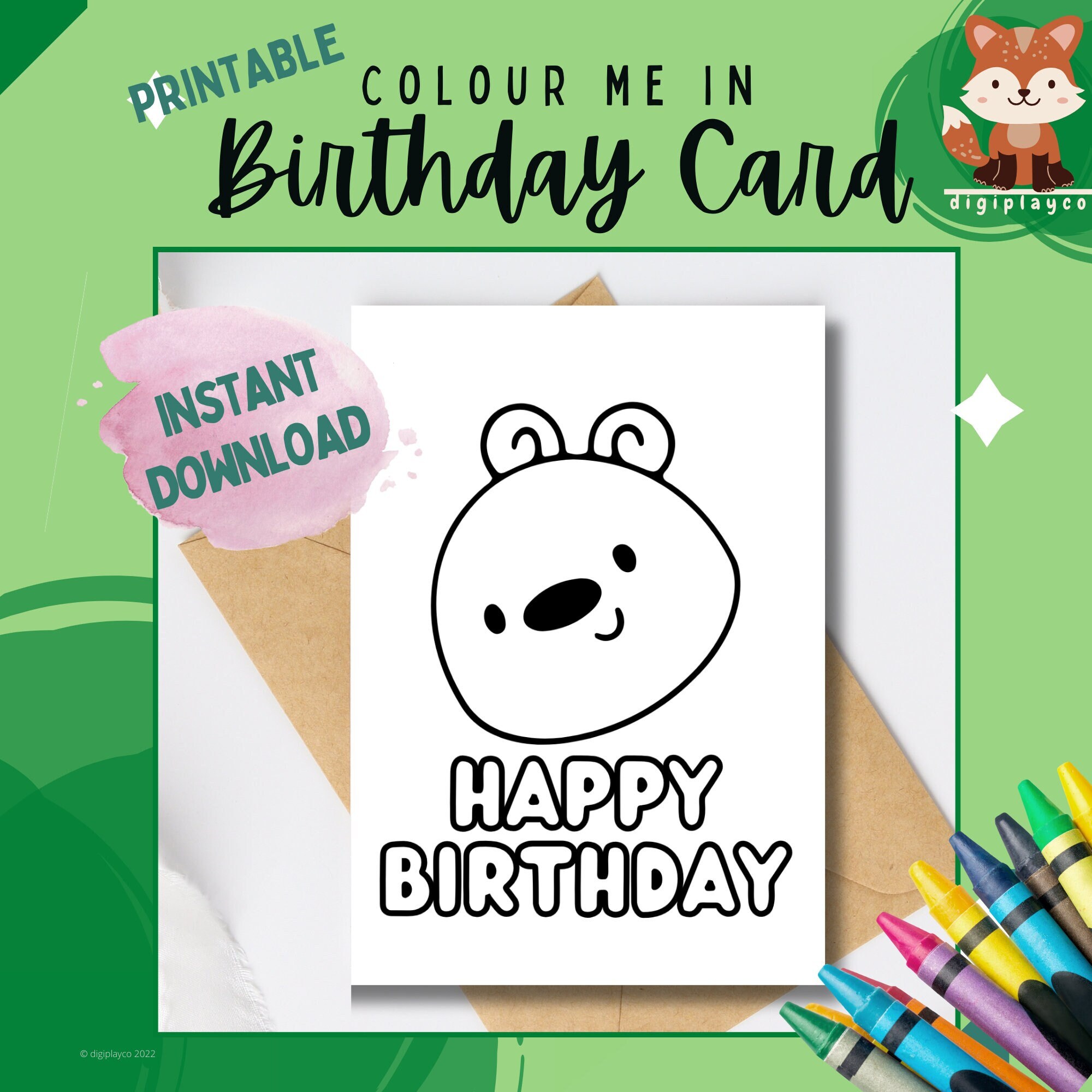 Birthday Card Printable Colour in for Kids | Bear | Instant Download ...