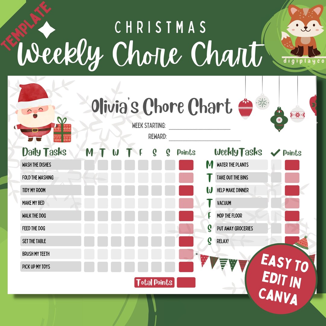 Children's Christmas Chore Chart Template, Printable Weekly Routine for ...