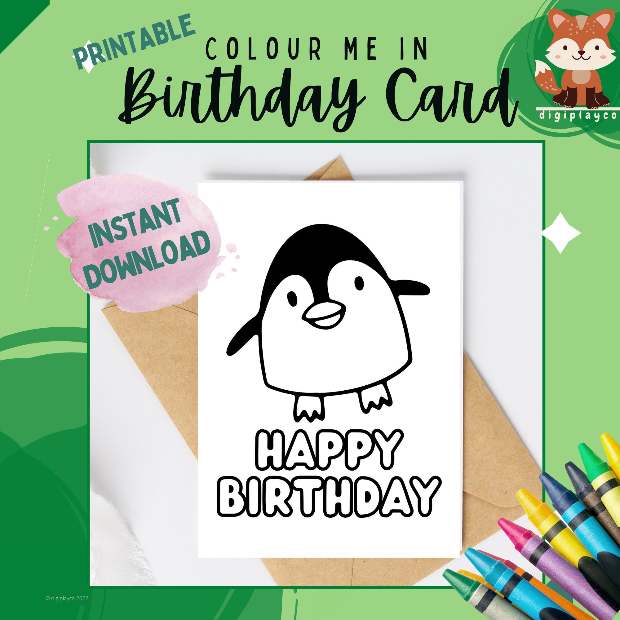 Birthday Card Penguin Printable Colour in for Kids | Instant Download ...