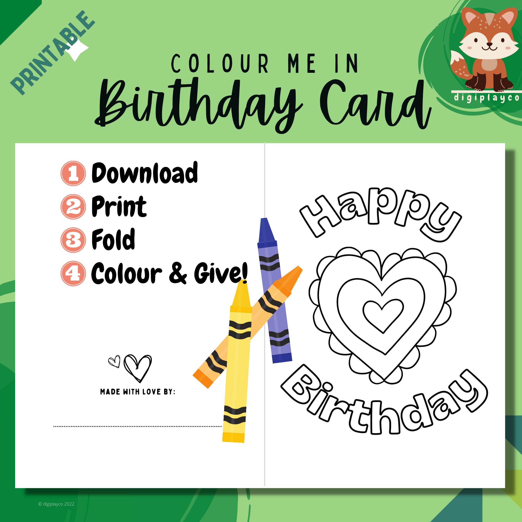 Happy Birthday Love Heart Card Printable Colour in Kids, Digital PDF ...