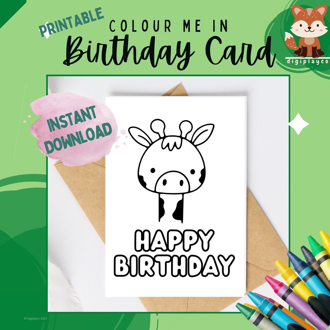 Birthday Card Giraffe Printable Colour in for Kids | Instant Download ...