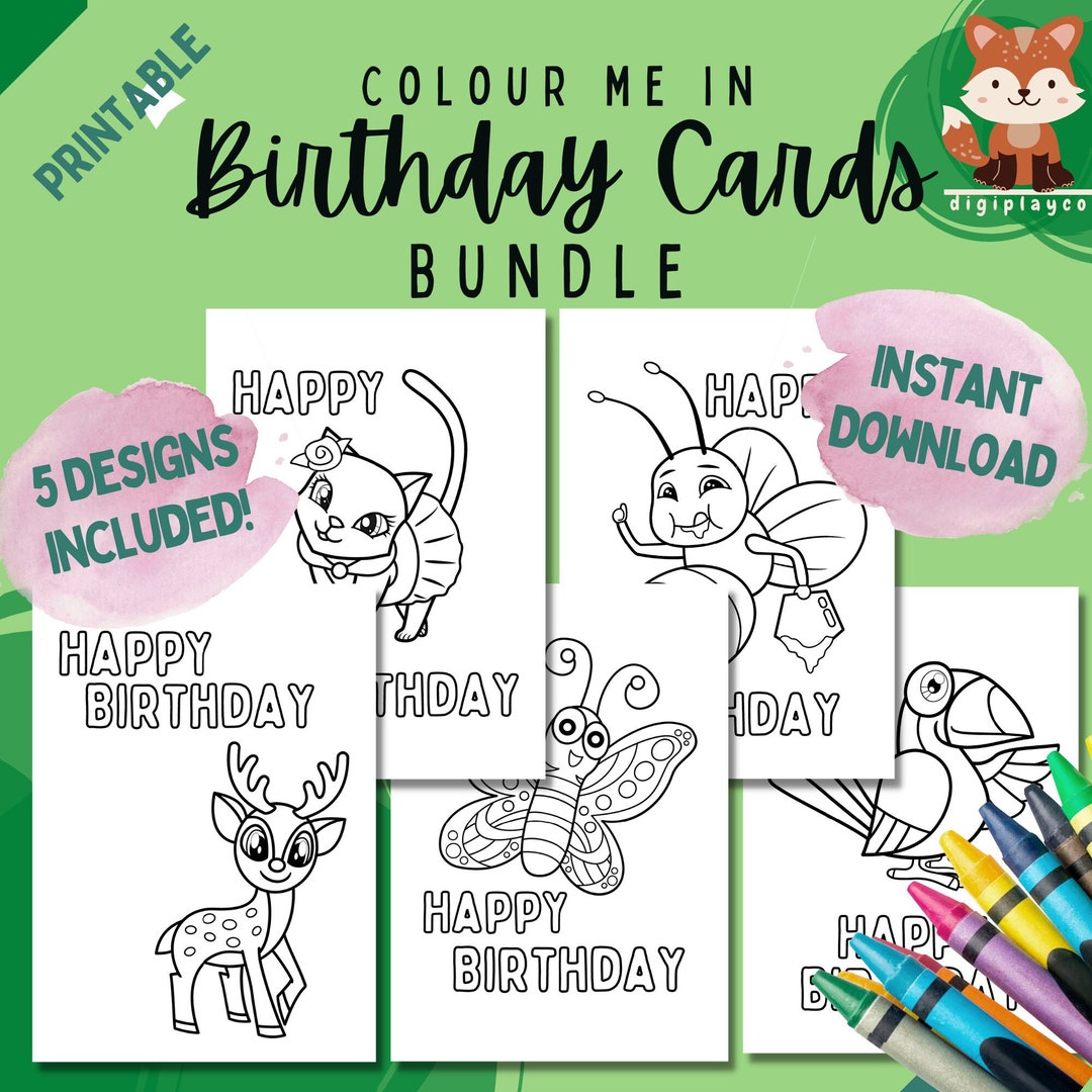 BUNDLE Happy Birthday Card Printable Colour in Kids, Animal Birthday ...