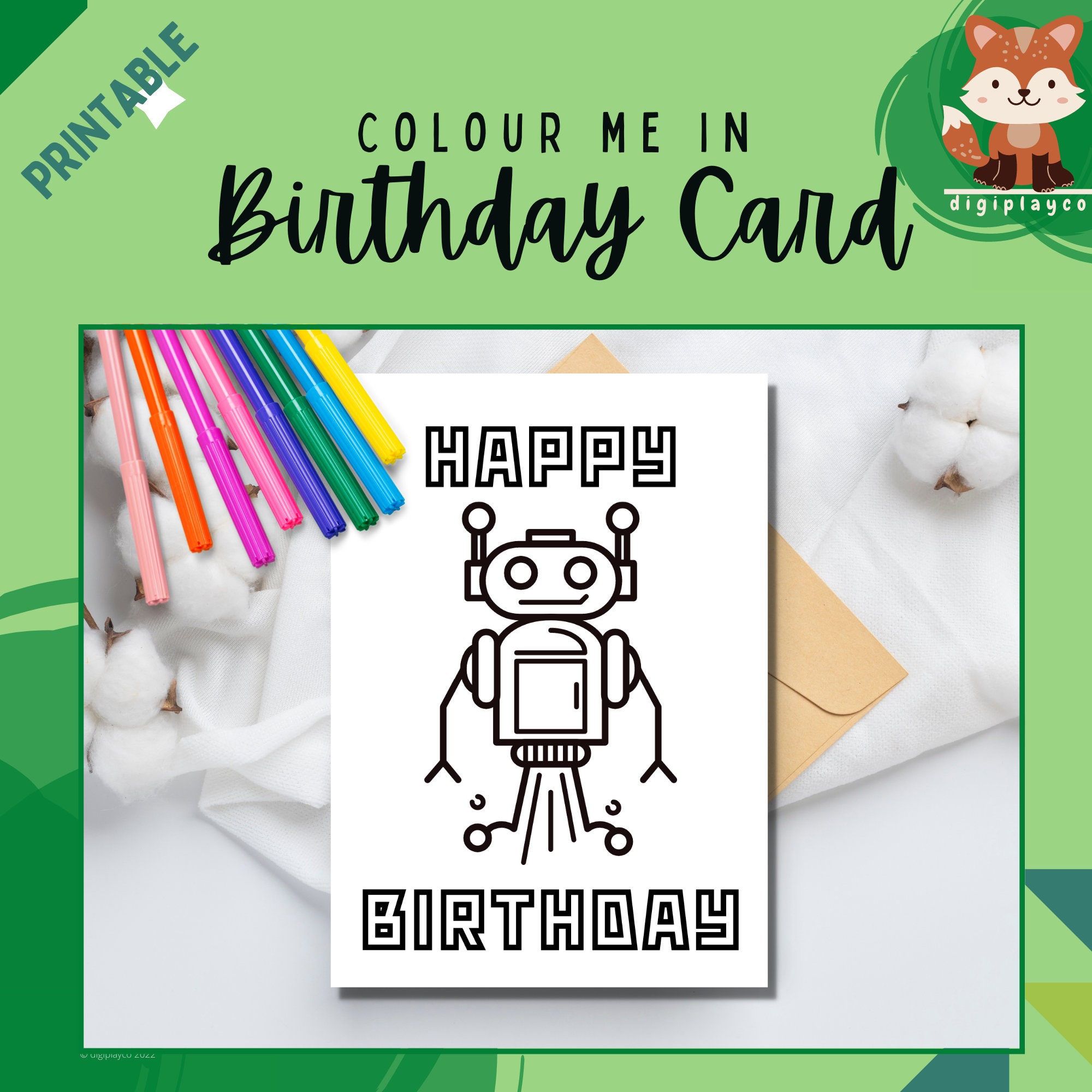Happy Birthday Robot Card Printable Colour in Kids, Digital PDF ...