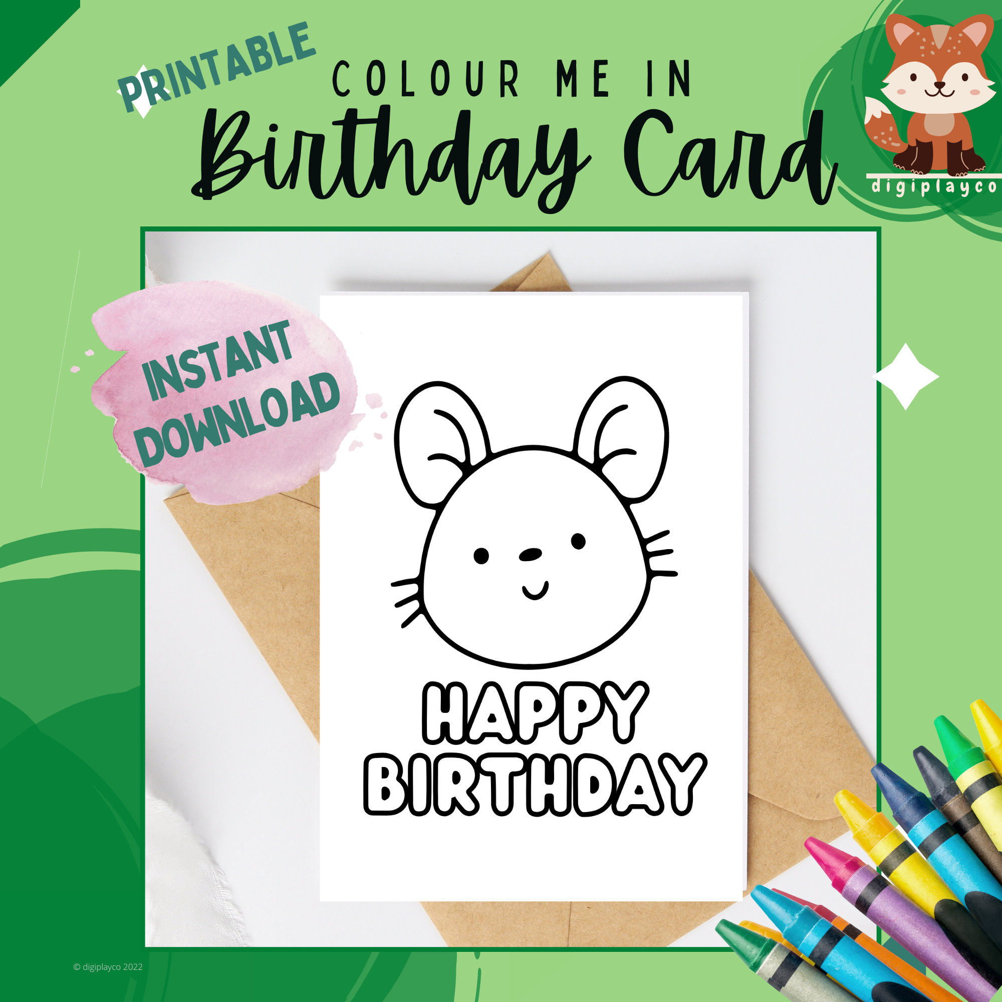 Birthday Card Mouse Printable Colour in for Kids | Instant Download ...