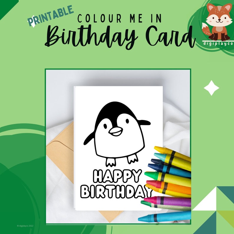 Birthday Card Penguin Printable Colour in for Kids | Instant Download ...