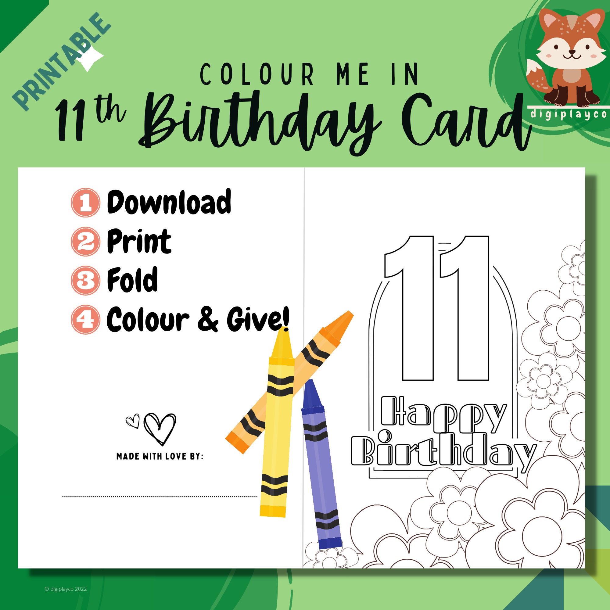 Happy 11th Birthday Floral Card Printable Colour in Kids, 11 Year Old ...
