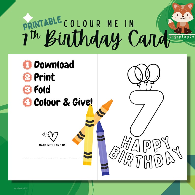 Happy Birthday Card Printable Colour in Kids | 7 Year Old | Seventh ...
