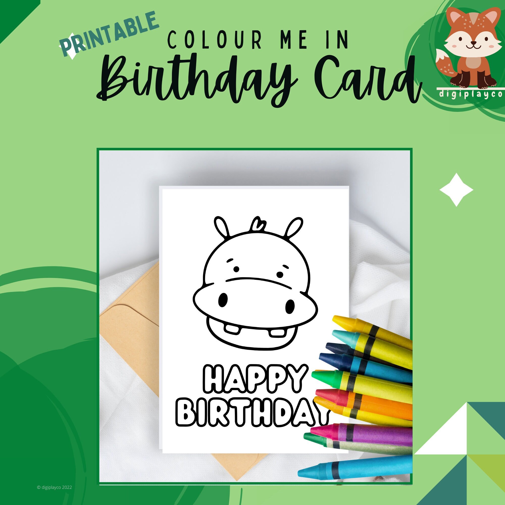 Birthday Card Hippo Printable Colour in for Kids | Instant Download ...