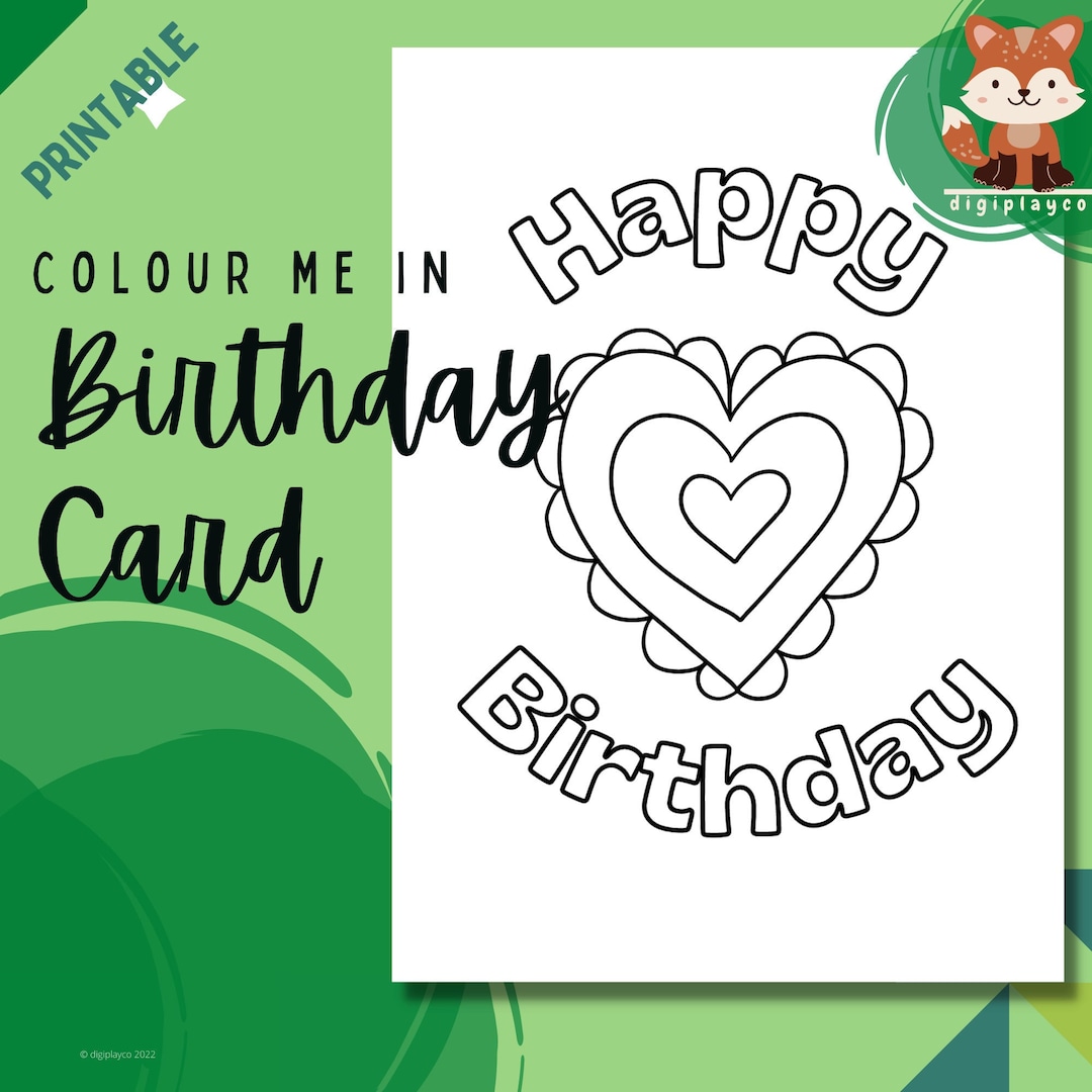 Happy Birthday Love Heart Card Printable Colour in Kids, Digital PDF ...