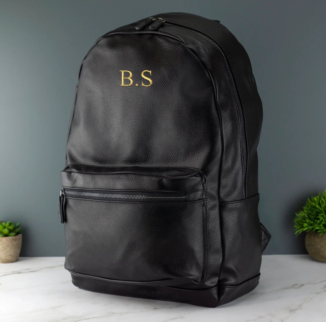 Unisex Leather Backpack Embroidered With Name Initials Work Laptop ...