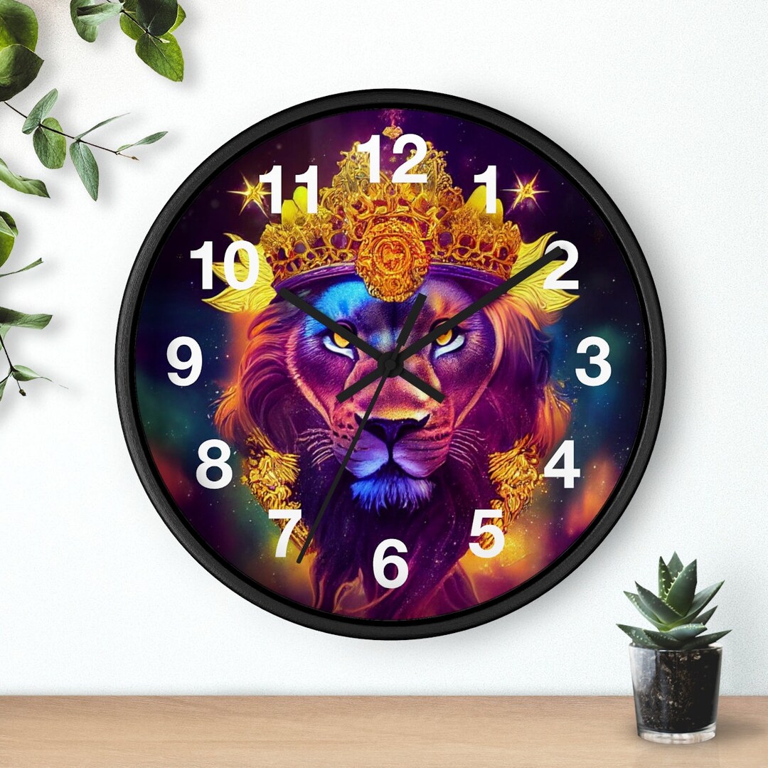 10" Inch Wooden Wall Clock, Cosmic Lion, Round Wall Clock With ...