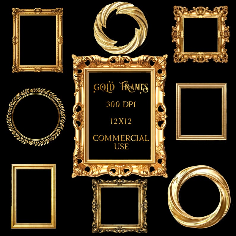 INSTANT DOWNLOAD Gold Frames Clipart, 12x12" Inches, COMMERCIAL Use ...