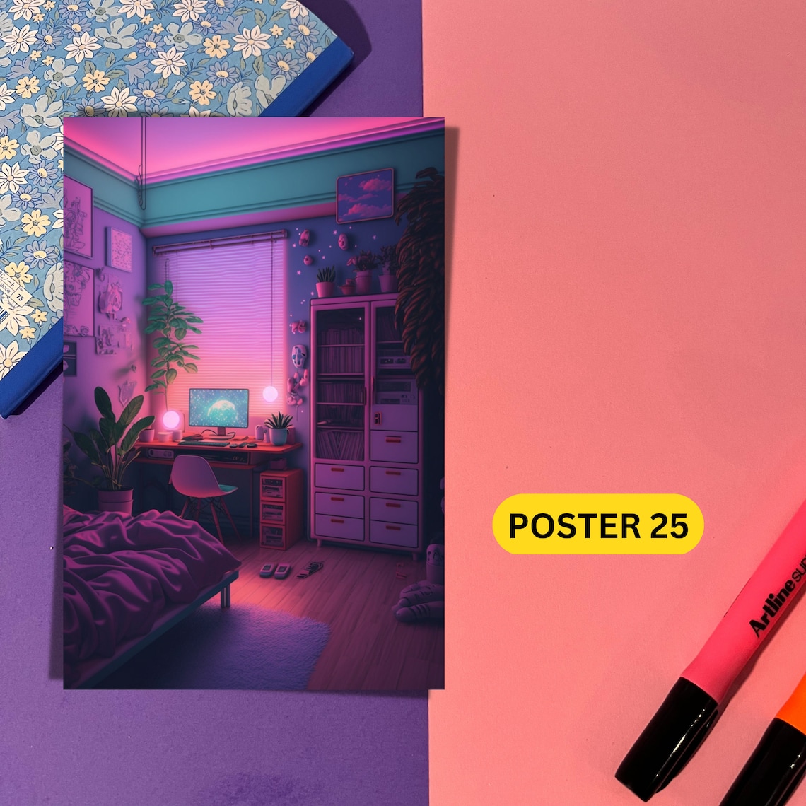 Lofi Synthwave Bedroom in Kawaii Aesthetic Illustration Style - Etsy