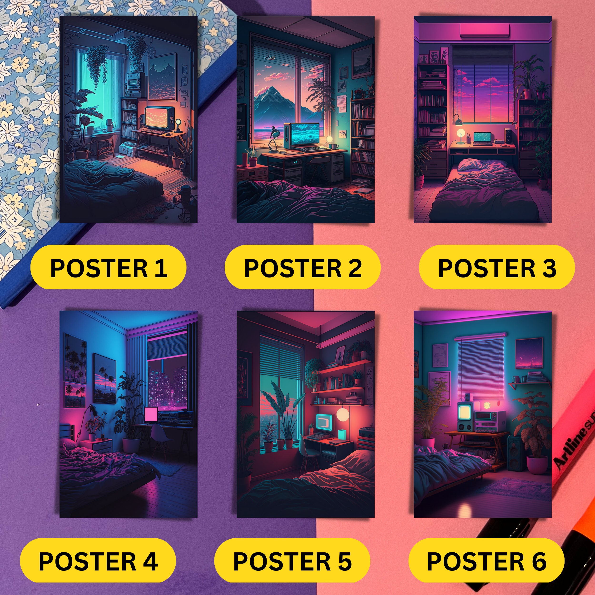 Lofi Synthwave Bedroom in Kawaii Aesthetic Illustration Style - Etsy