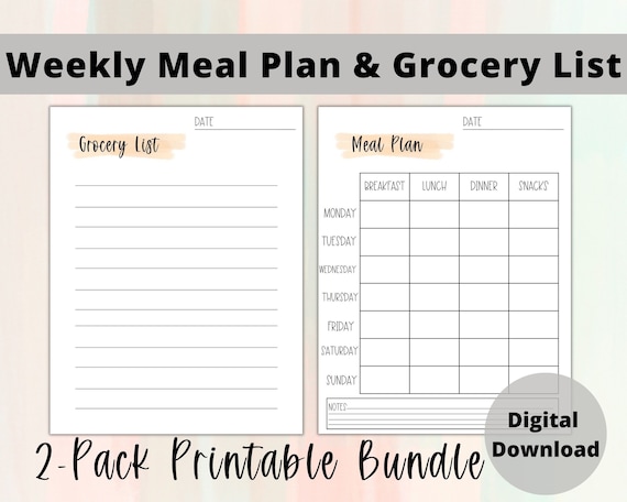 Meal Plan and Grocery List Printable Meal Plan and Grocery - Etsy