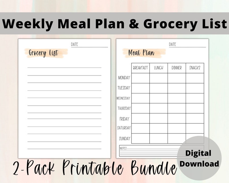 Meal Plan and Grocery List, Printable Meal Plan and Grocery List for ...