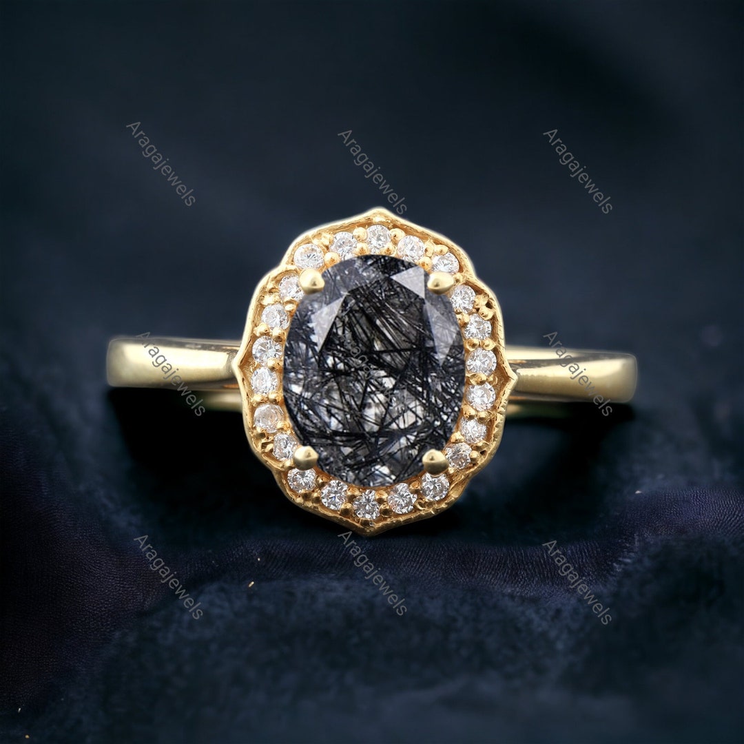 Black Rutile Quartz Engagement Ring Oval Cut Black Rutilated Bridal ...