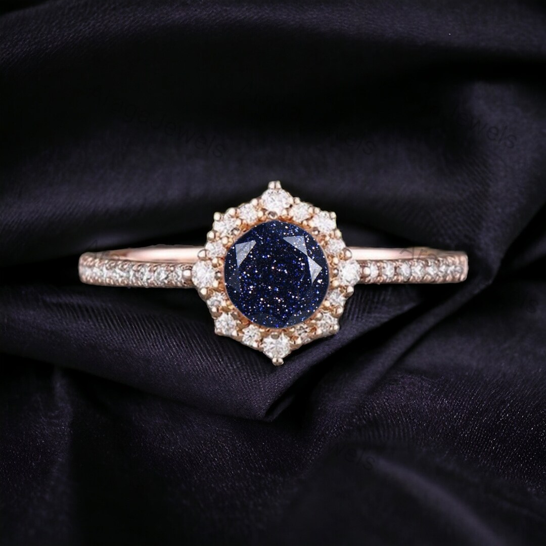 Blue Sandstone Engagement Ring Night Galaxy Nebula Bridal Wedding Ring ...