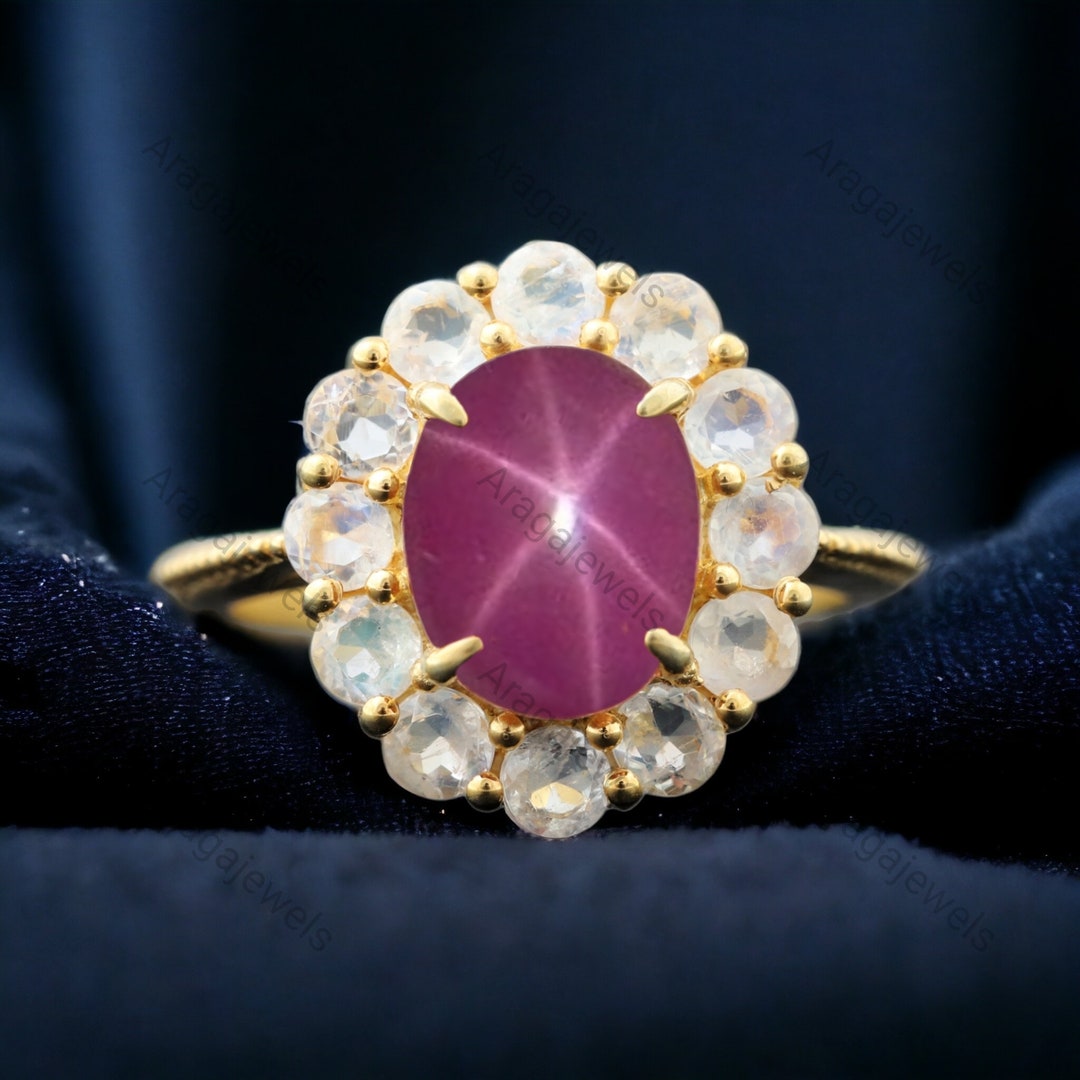 Oval Cut Star Ruby Engagement Ring Birdal Halo Moonstone Jewelry ...