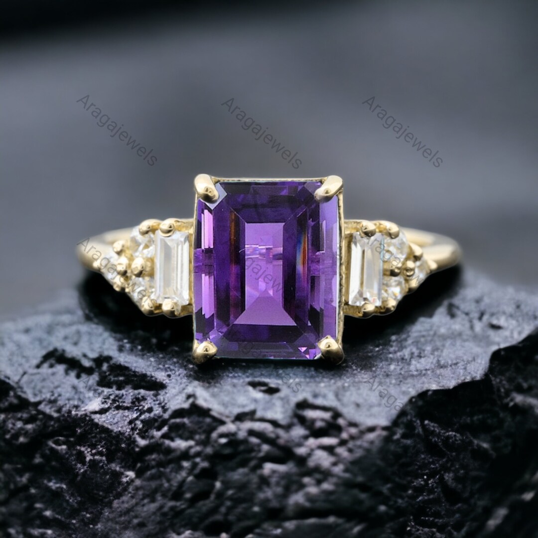 Emerald Cut Amethyst Engagement Ring, Amethyst Ring for Women, 14k ...