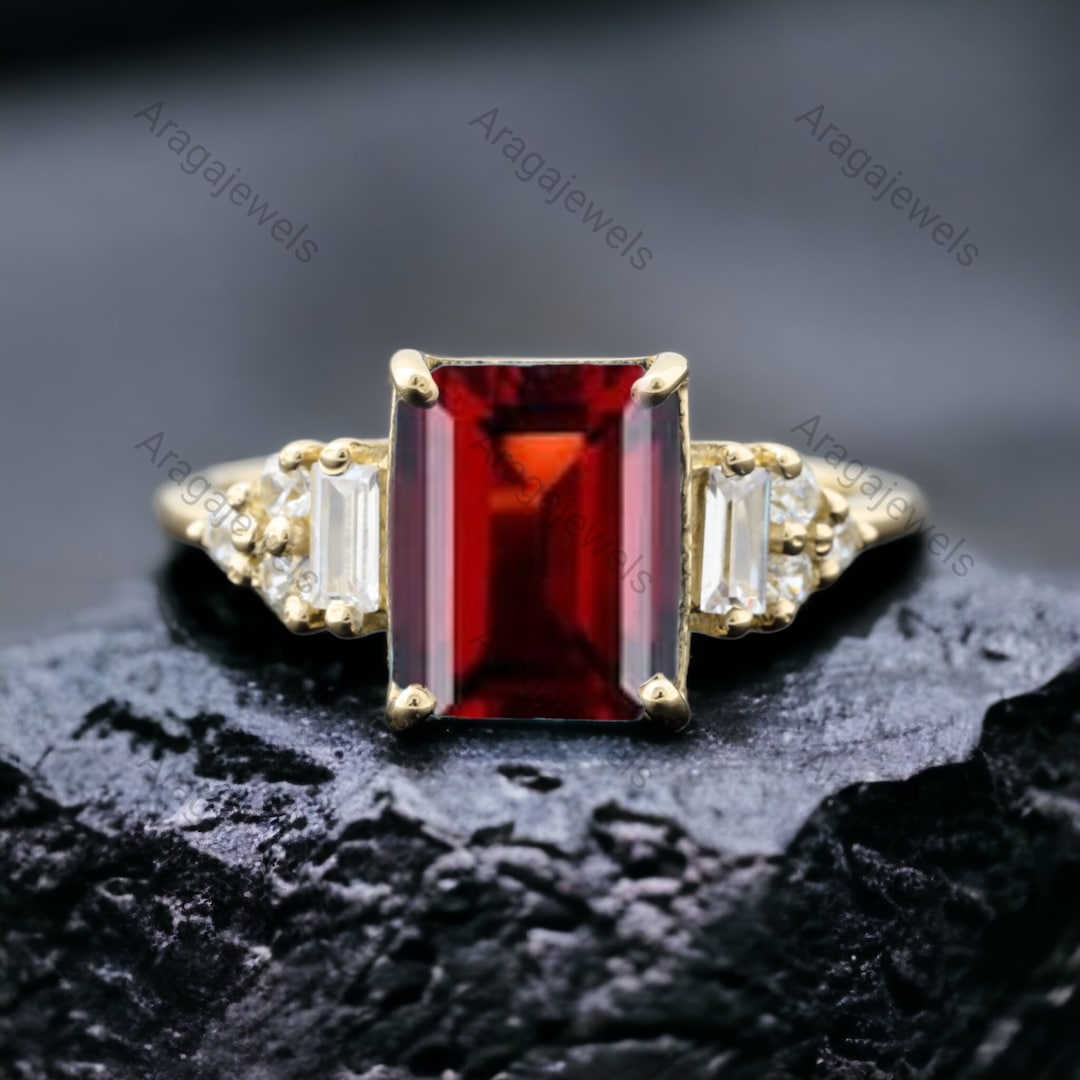 Emerald Cut Garnet Engagement Ring Yellow Gold Promise Ring Cluster ...