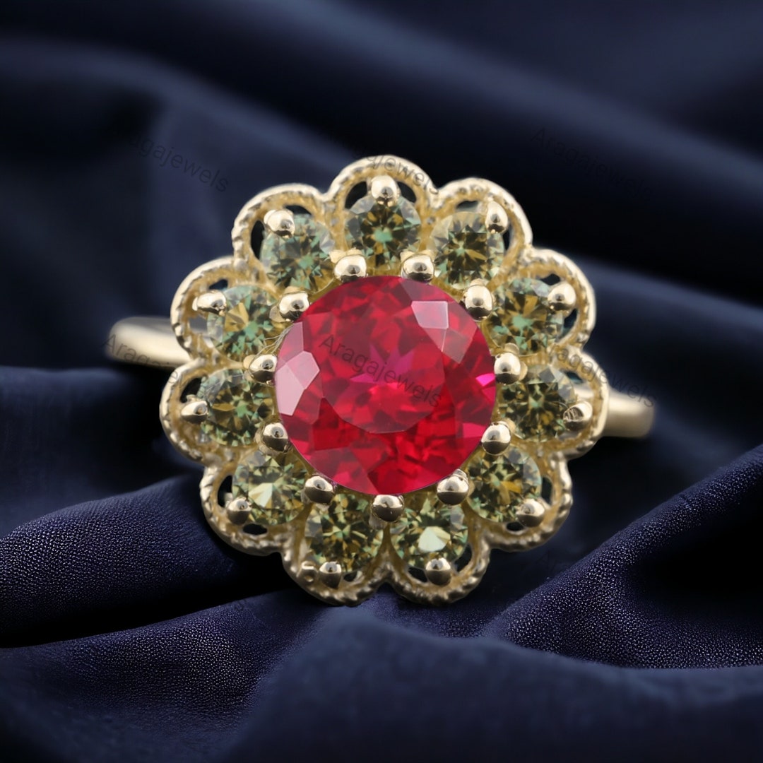 Vintage Ruby Engagement Ring Peridot Halo Proposal Jewelry July ...