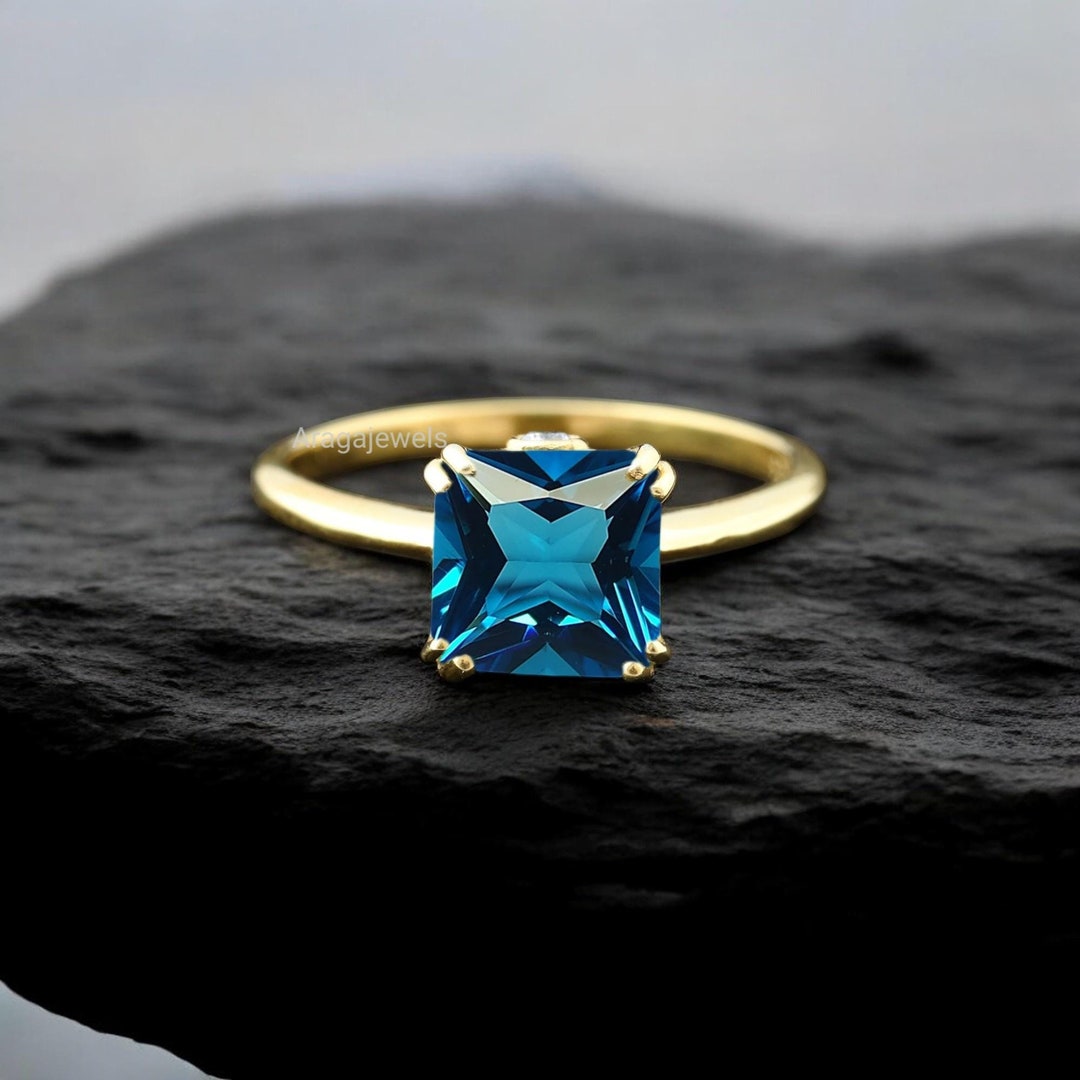 14k London Blue Topaz Ring, Solid Gold Hidden Diamond Promise Ring ...