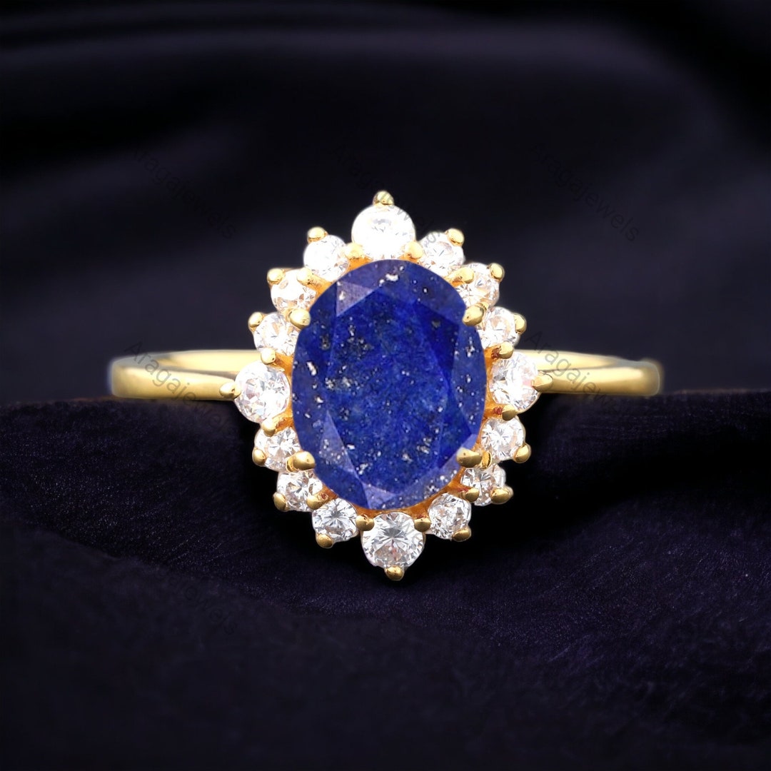 Oval Shape Lapis Lazuli Engagement Ring Art Deco Handmade Bridesmaid Jewelry Diamond Halo Bridal ...
