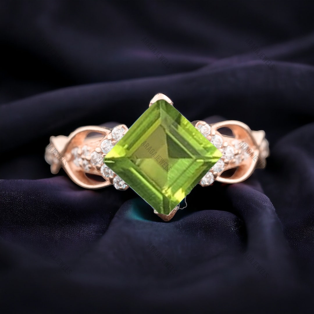Princess Cut Peridot Wedding Ring, Twisted Diamond Engagement Ring ...
