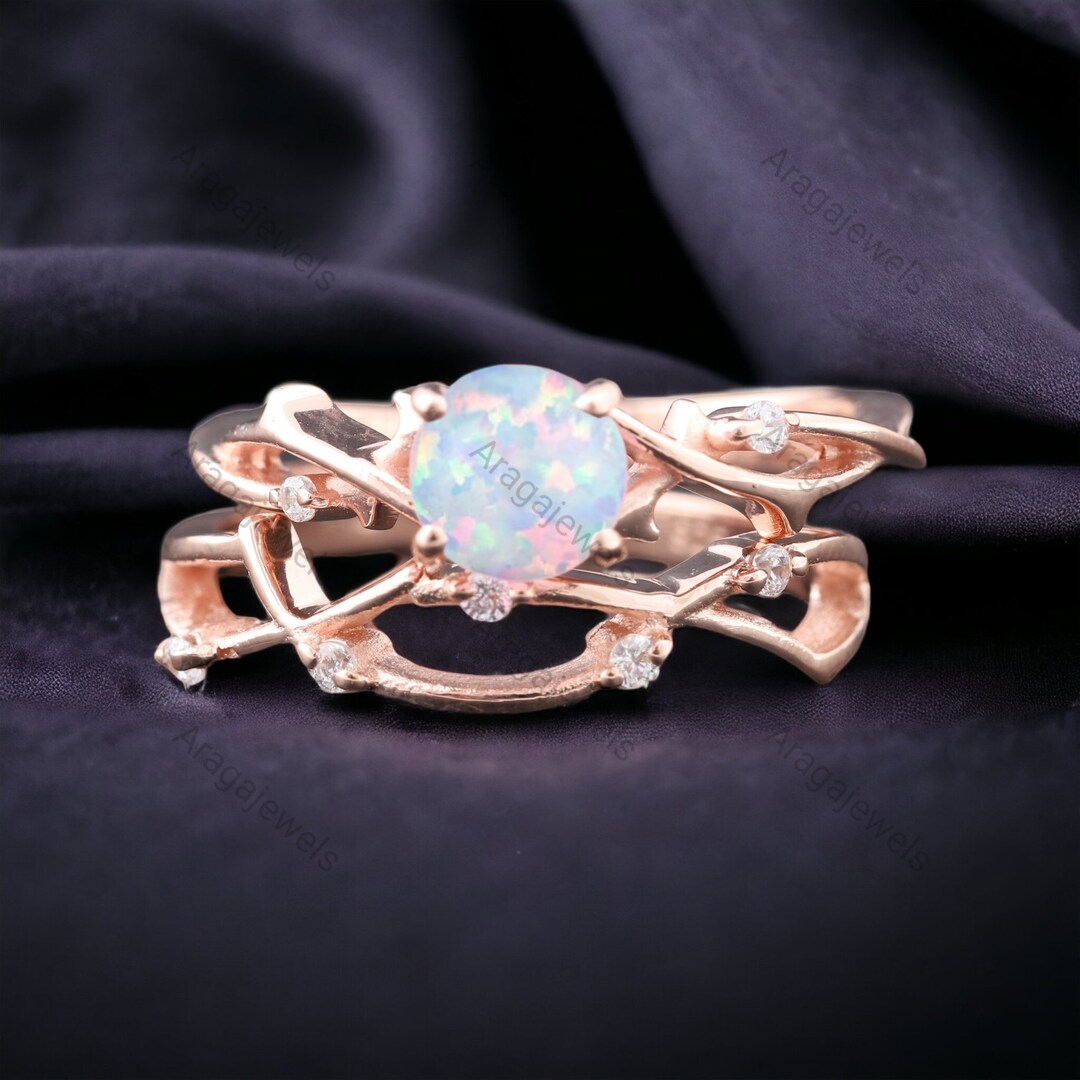 Twig Opal Engagement Ring Set Wedding Ring Set Diamond Twig - Etsy