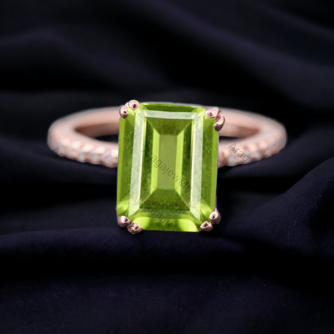 Emerald Cut Peridot Engagement Ring, Diamond Alternative Fine Women ...